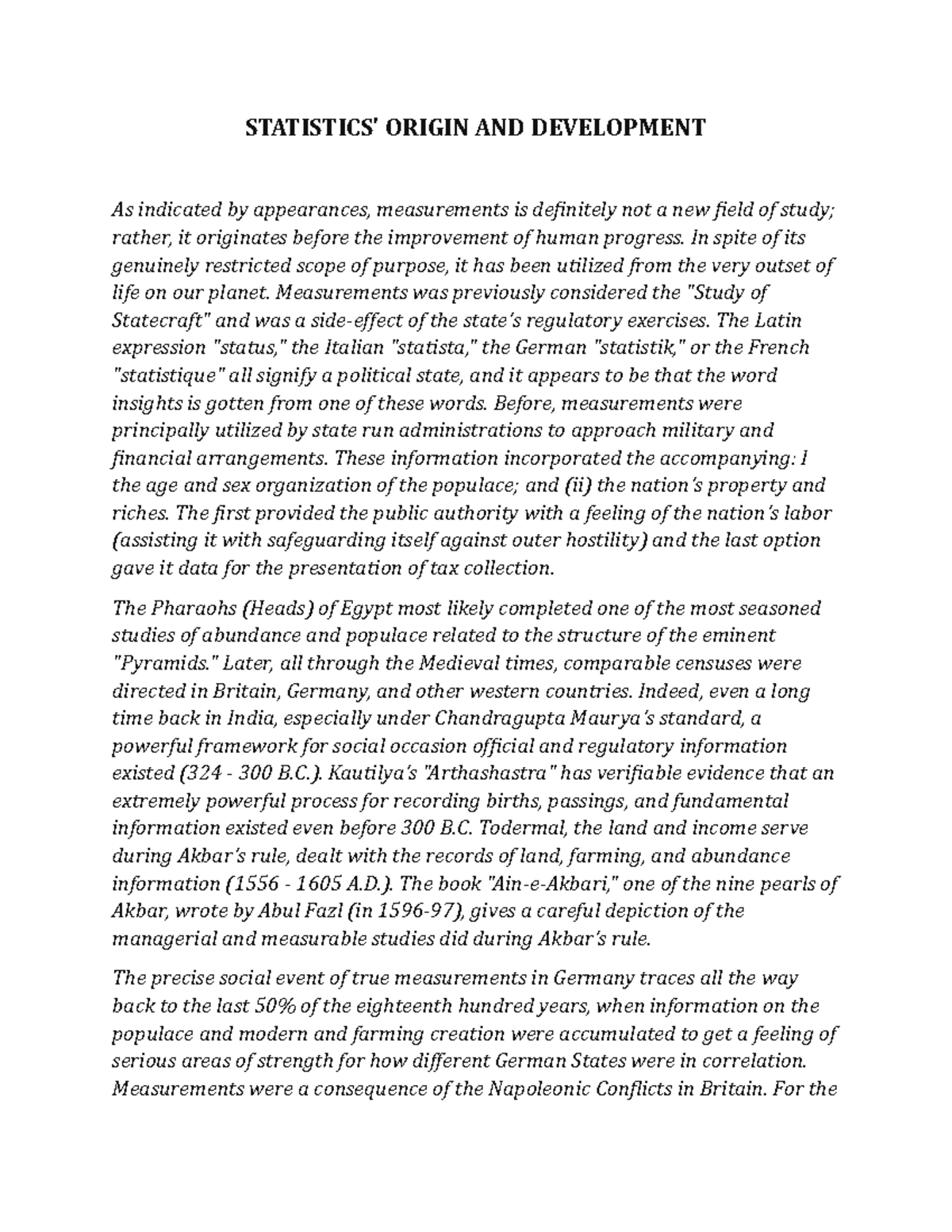 Statistics' Origin AND Development - STATISTICS' ORIGIN AND DEVELOPMENT ...