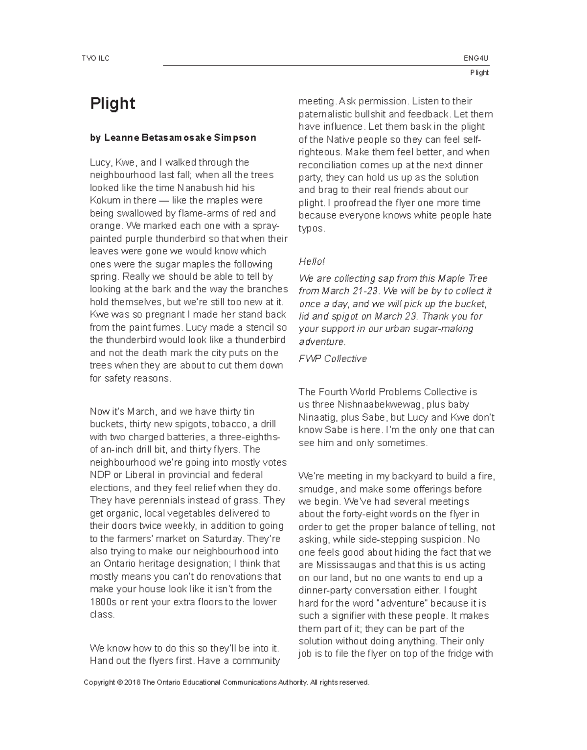 Eng4u 03 plight - Read - Copyright © 2018 The Ontario Educational ...