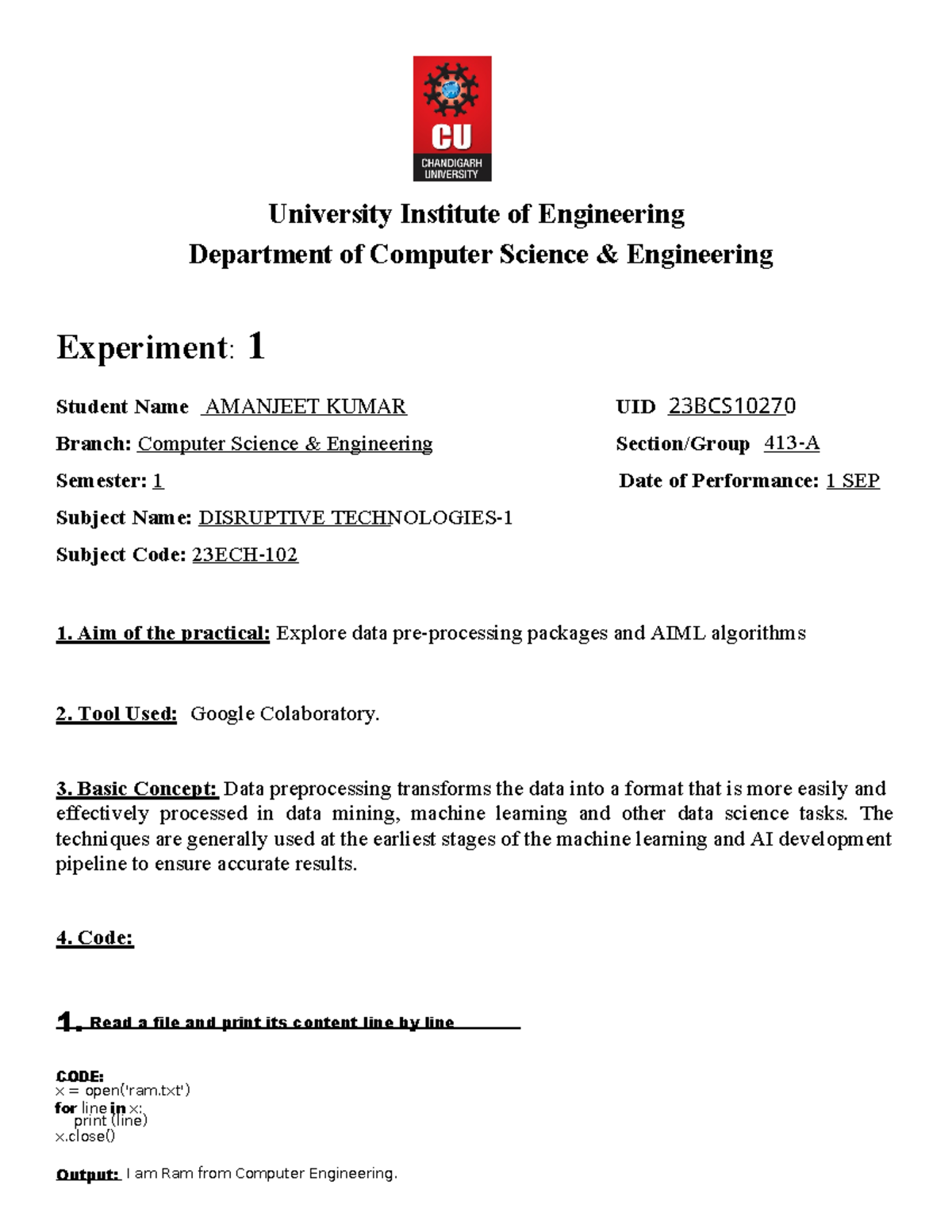 DT worksheet Amanjeet Kumar - Department of Computer Science & Engineering Experiment: 1 ...