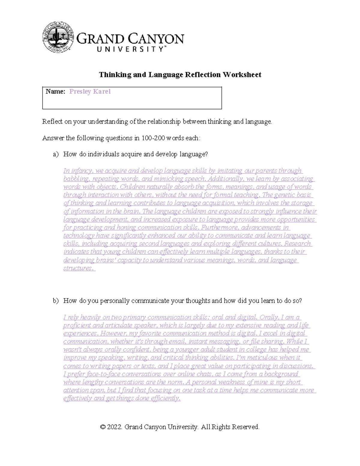 THINKING AND REFLECTION WORKSHEET - Thinking and Language Reflection ...