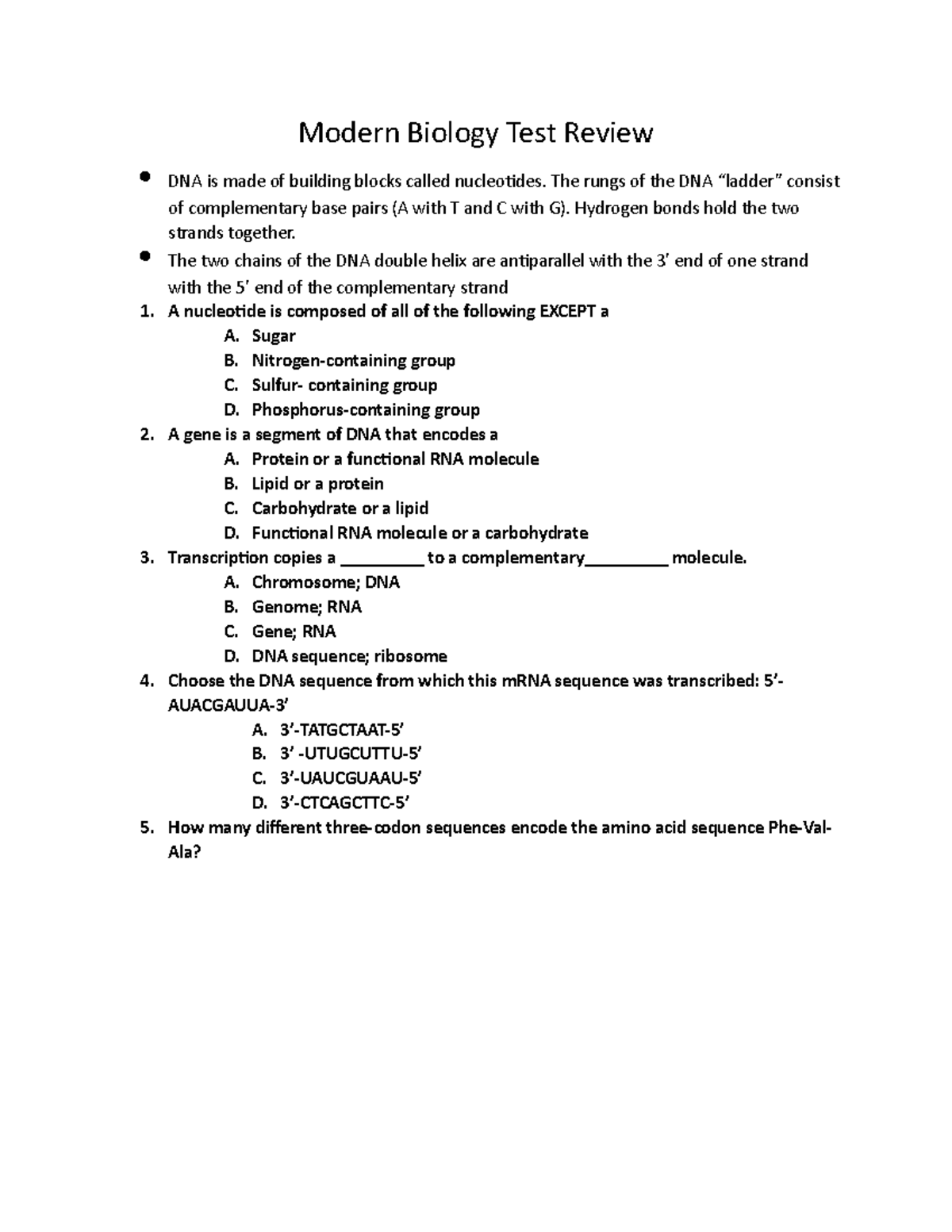 Modern Biology Test Review - Modern Biology Test Review DNA is made of ...