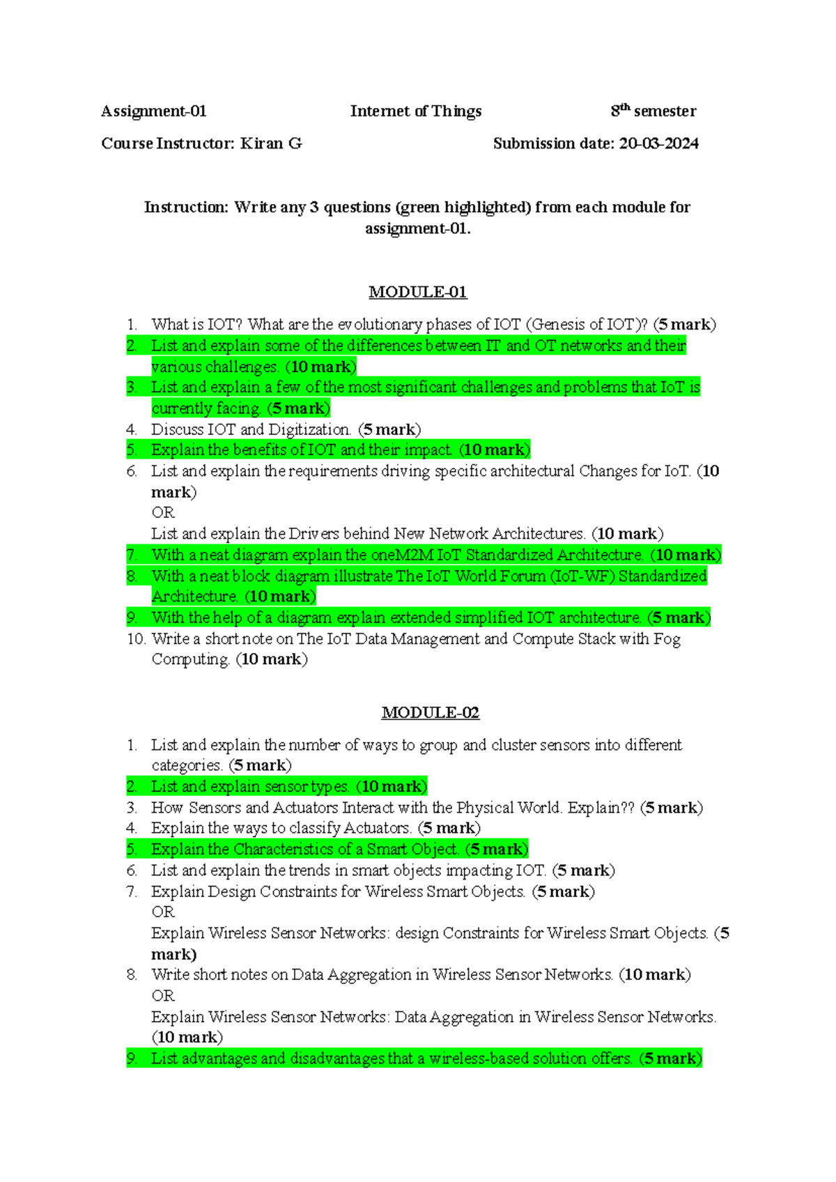 Io T Assignment-01 - Assignment-01 Internet of Things 8 th semester ...
