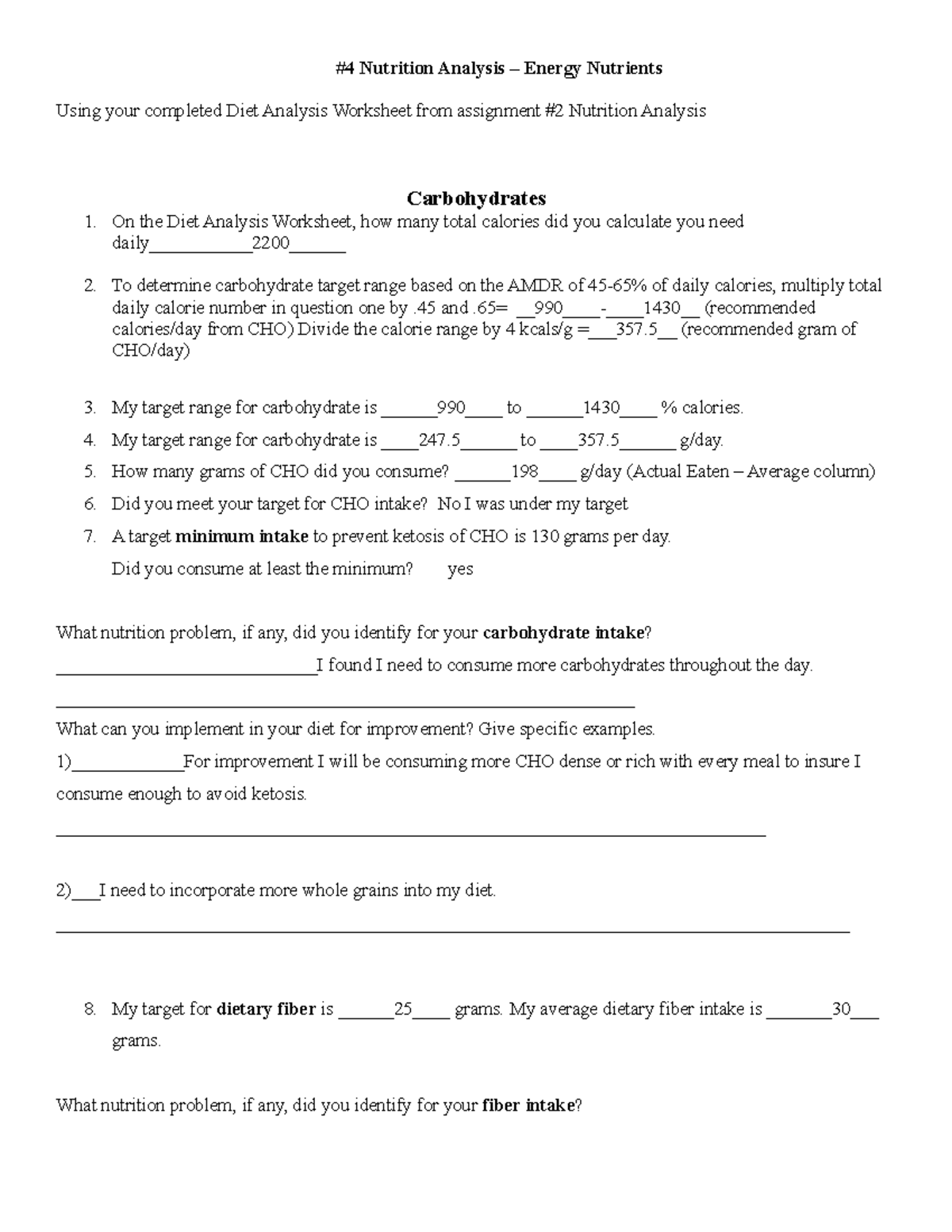 #4 Energy Nutrients worksheet - #4 Nutrition Analysis – Energy ...