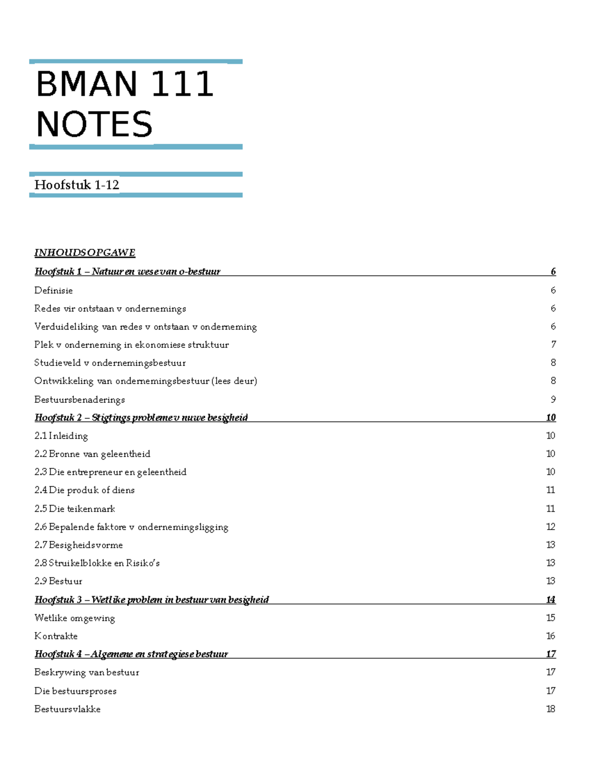 BMAN 111 Minnie - Notes - NOTES BMAN Hoofstuk 1- Hoofstuk 1 – Natuur en ...