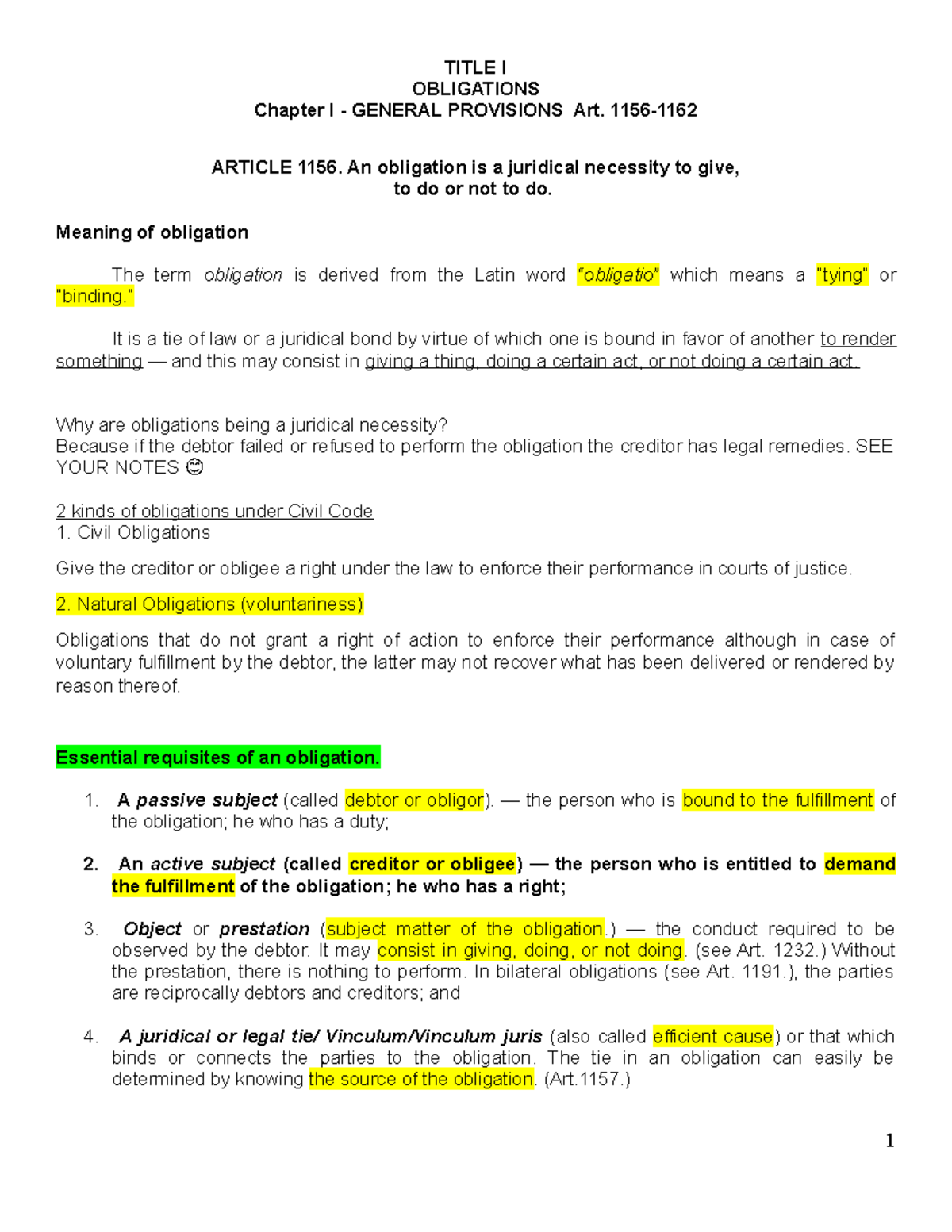 Oblicon-Students-Chap - TITLE I OBLIGATIONS Chapter I - GENERAL ...