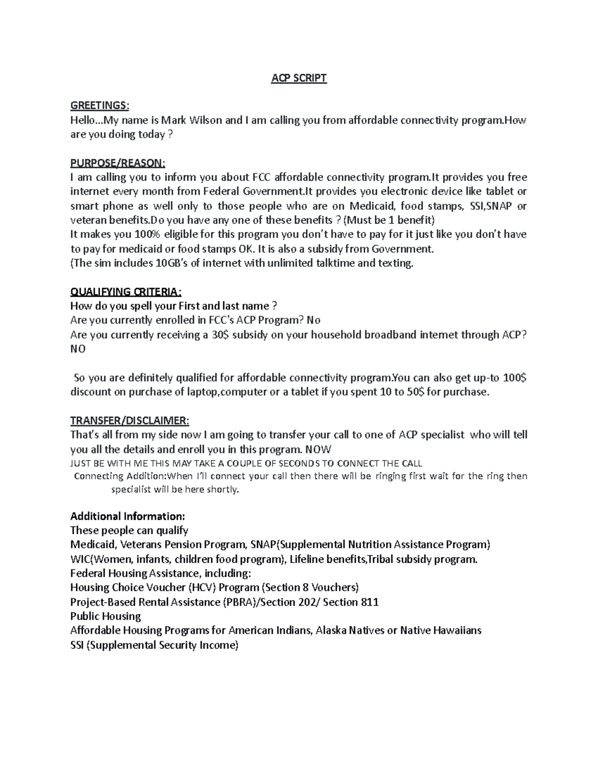 ACP Script Fronters - ACP SCRIPT GREETINGS: Hello.. name is Mark Wilson ...