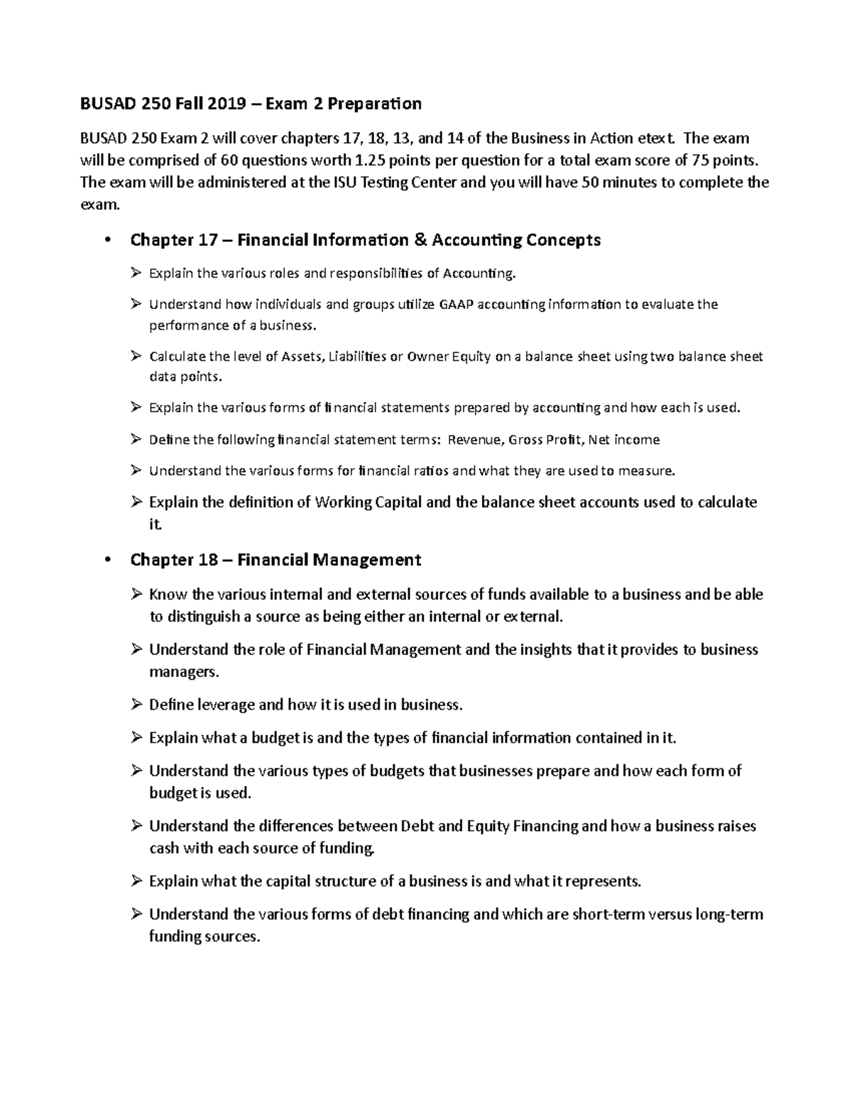 Busad 250 Fall 2019 Exam 2 Study Guide - BUSAD 250 Fall 2019 – Exam 2 ...