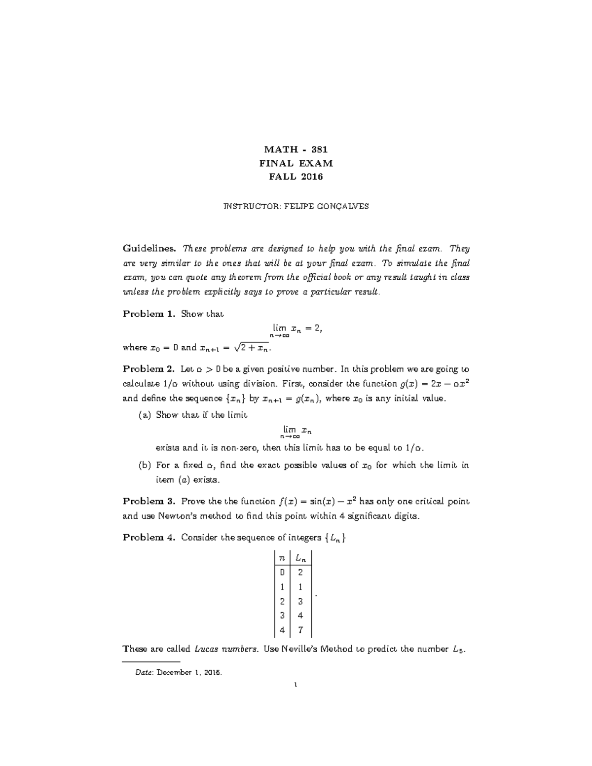 Problems List Final Exam Math 381 - MATH - 381 FINAL EXAM FALL 2016 ...