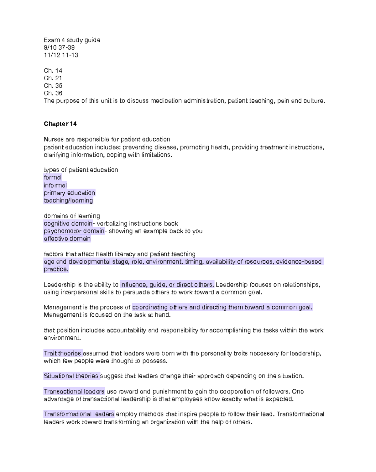 Exam 4 - Medsurg exam 4 - Exam 4 study guide 9/10 37- 11/12 11- Ch. 14 ...