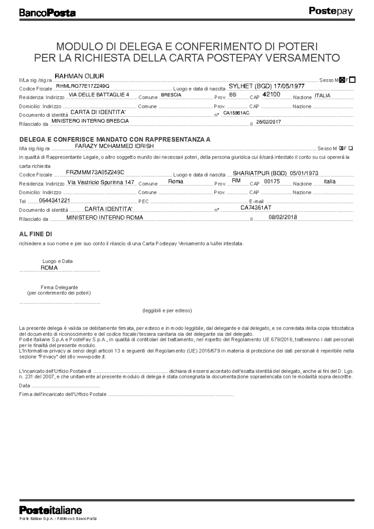 2 Modulo delega richiesta Carta Postepay Versamento rev - Postepay Poste Italiane S.p ...