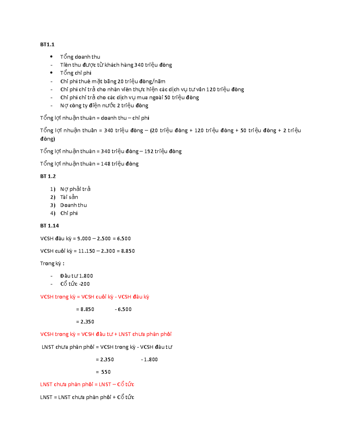 BT CHƯƠNG 1 - KTTC 1 - BT1. T ổng doanh thu Tiềền thu đ ược t ừ khách hàng 340 tri ệu đồềng T ...