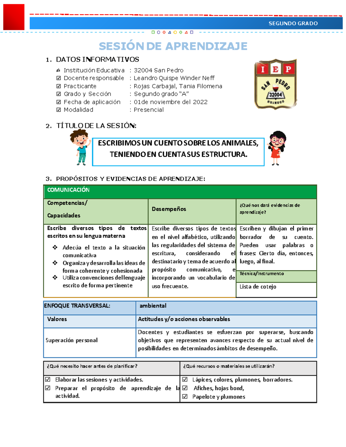 Sesion DE Comunicacion 01 Noviembre - SEGUNDO GRADO SESI”N DE APRENDIZAJE 1. DATOS INFORMATIVOS ...