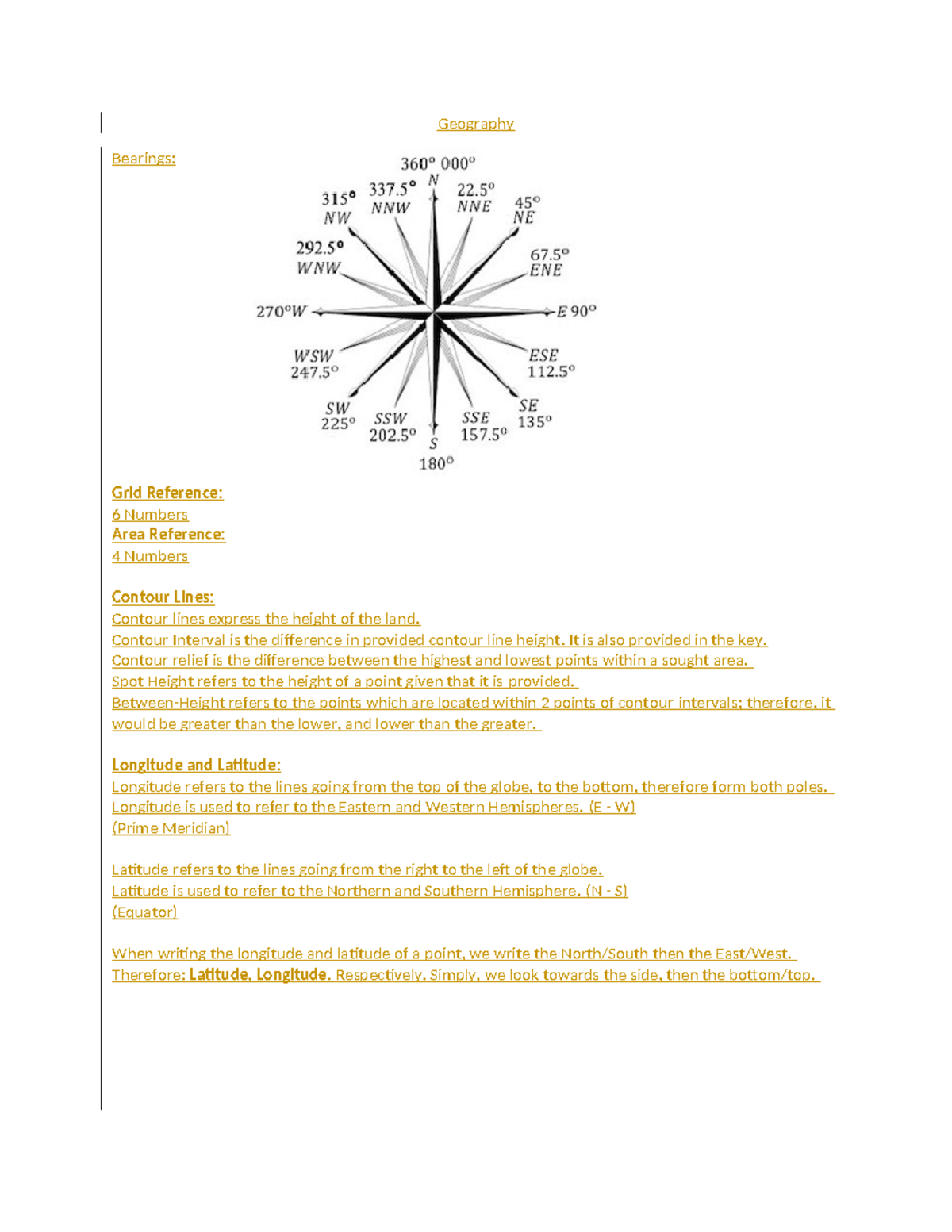 Yr 10 Geography Notes - Geography Bearings: Grid Reference: 6 Numbers ...