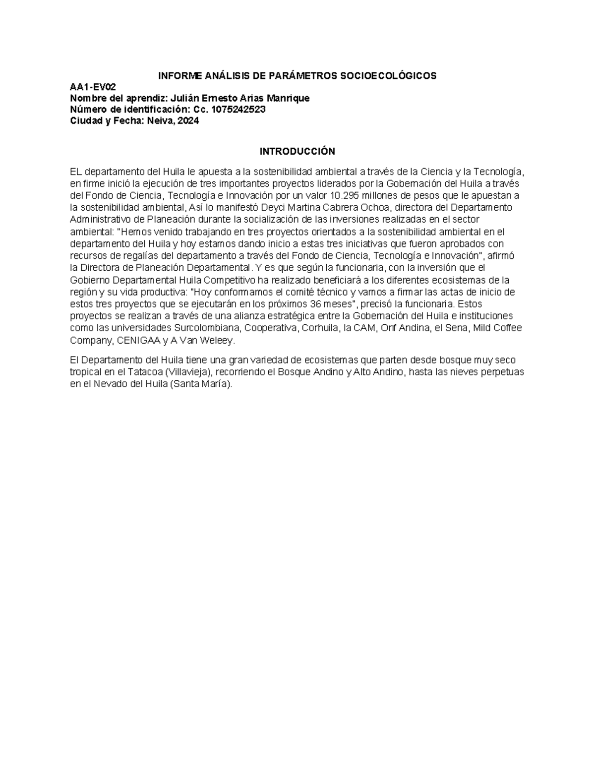 Informe Análisis DE Parámetros Socioecológicos - INFORME ANÁLISIS DE PARÁMETROS SOCIOECOLÓGICOS ...