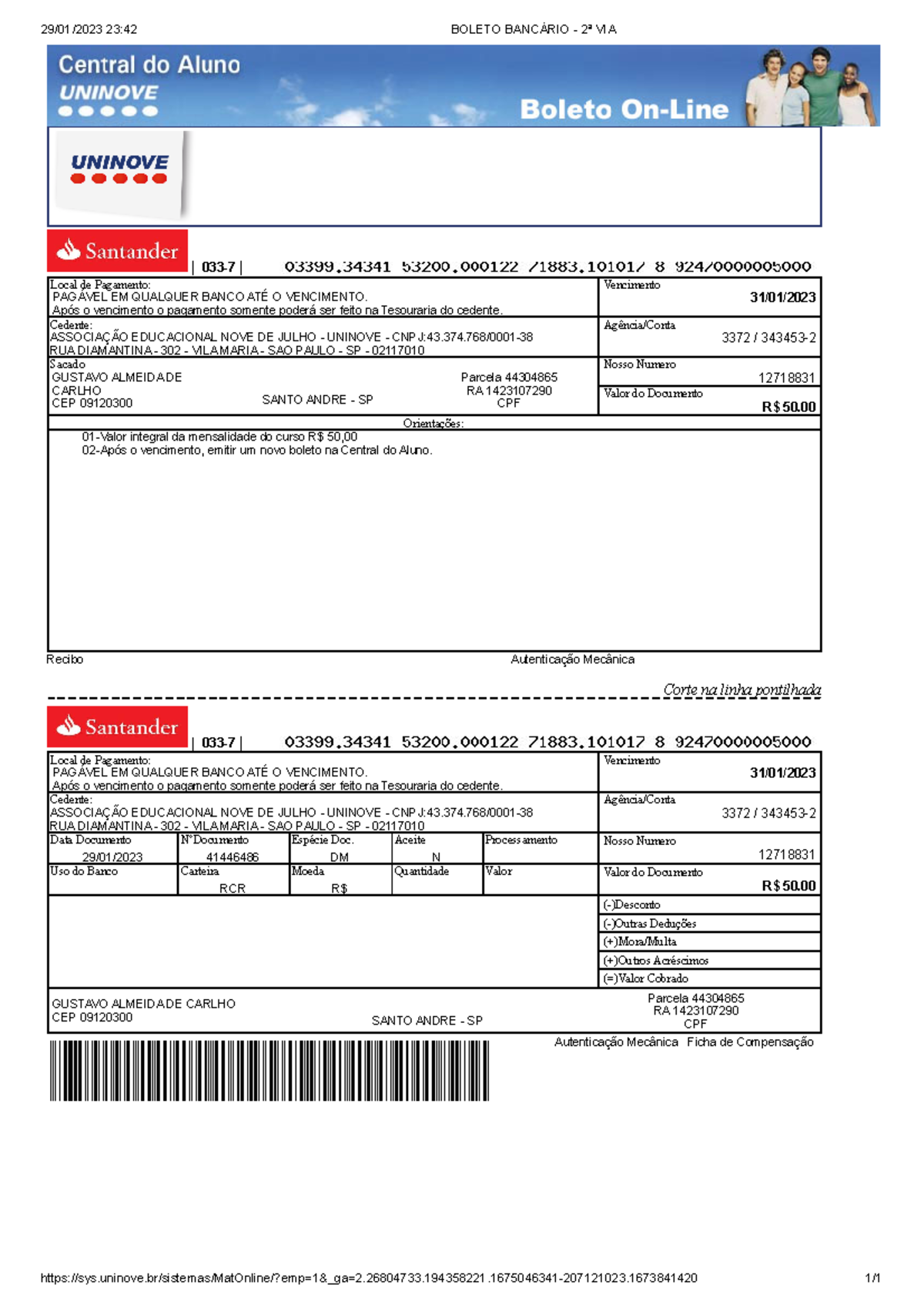 Uninove - Resultado e Matrículas - 29/01/2023 23:42 BOLETO BANCÁRIO ...