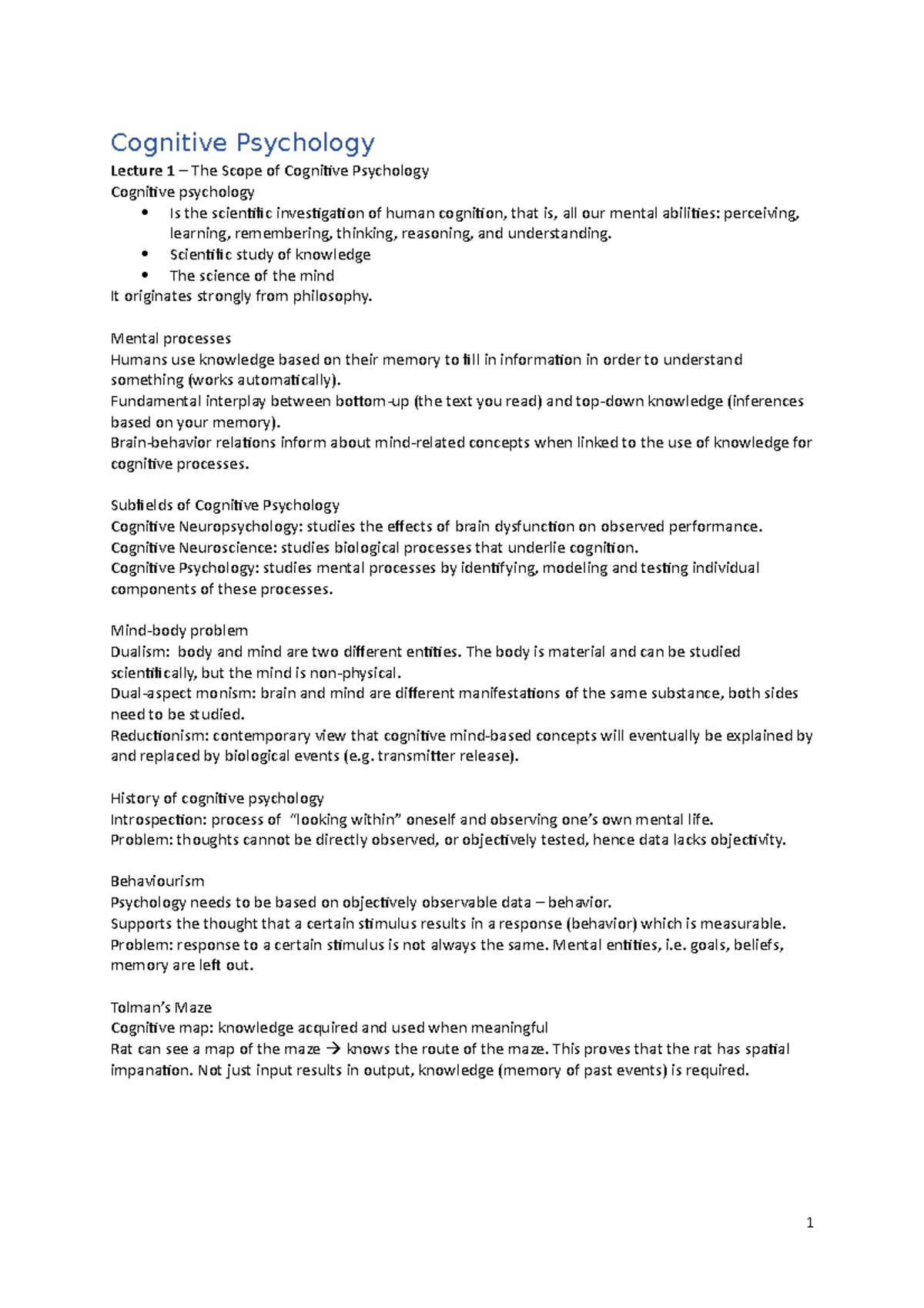 Cognitive Psychology - Summary of lectures 1-14 - Cognitive Psychology ...