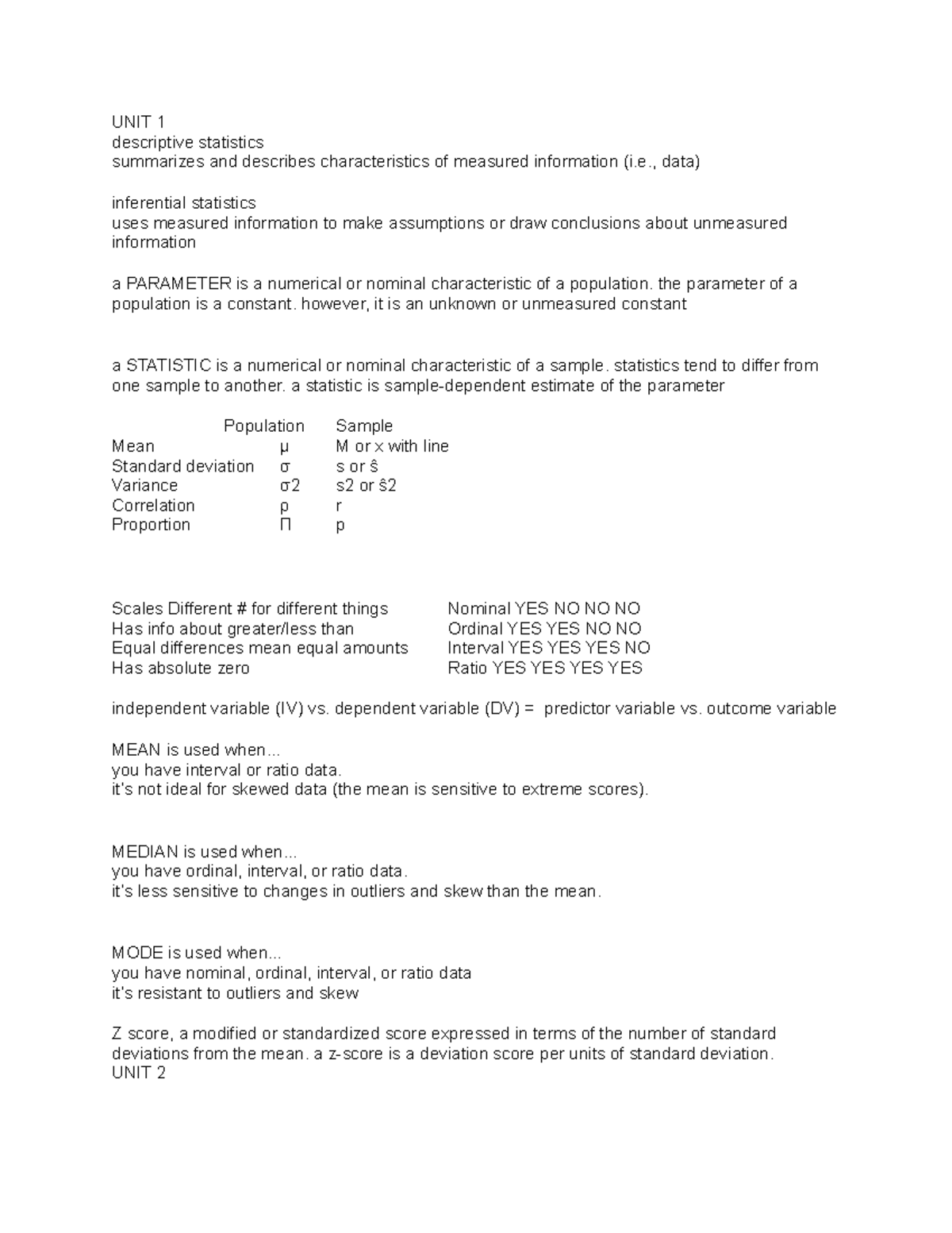 UNIT 1 Stats guide - UNIT 1 descriptive statistics summarizes and describes characteristics of ...