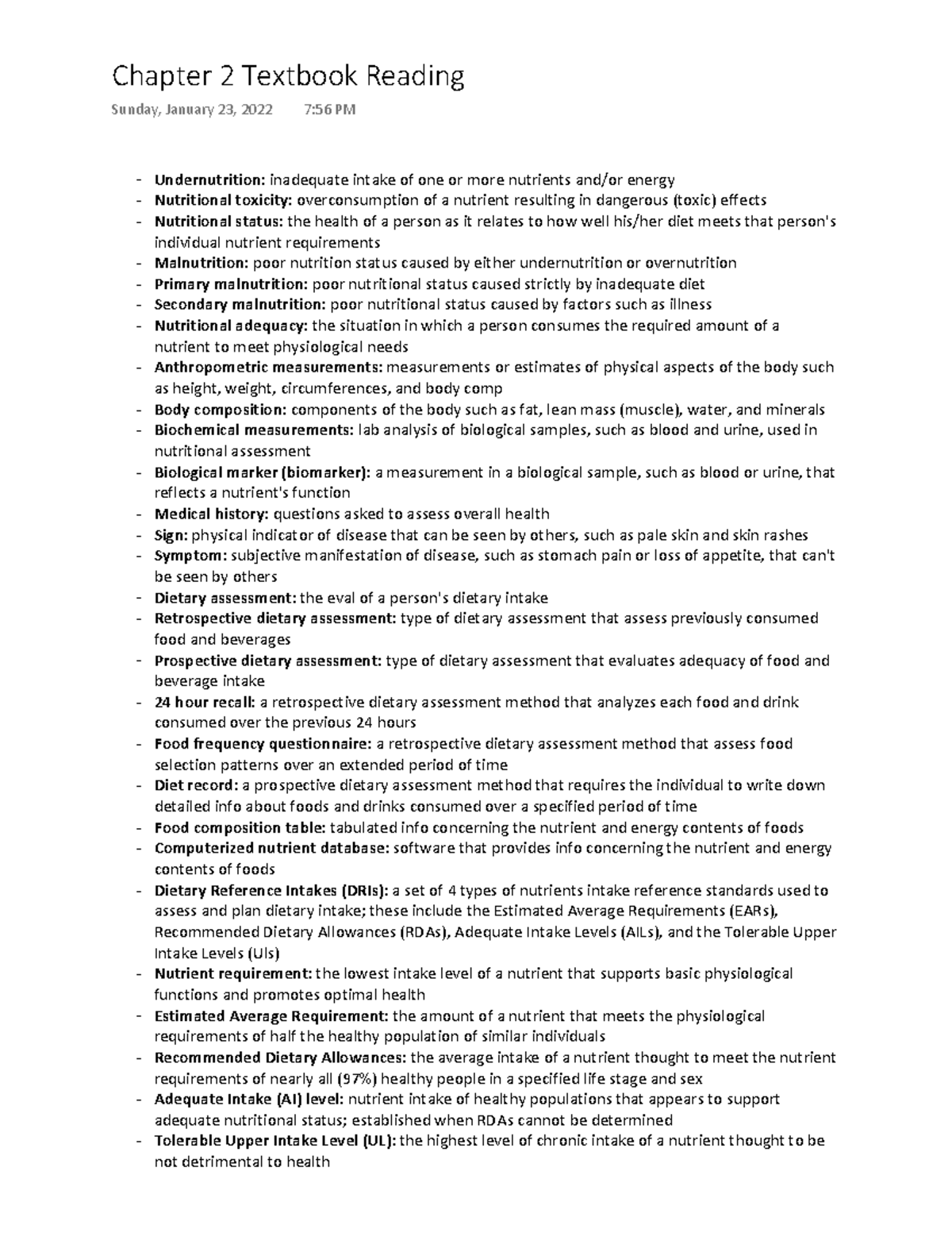 Bio 140 CH2 textbook notes - Undernutrition: inadequate intake of one ...