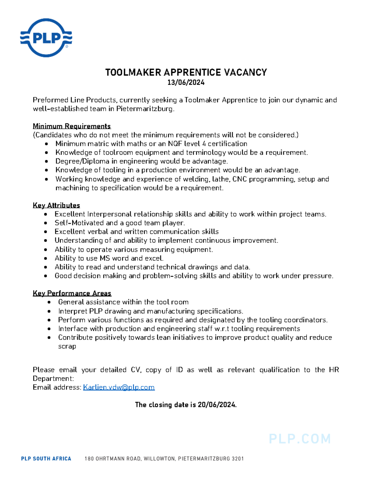Toolmaker Internal Advert 13062024 - TOOLMAKER APPRENTICE VACANCY 13/06 ...
