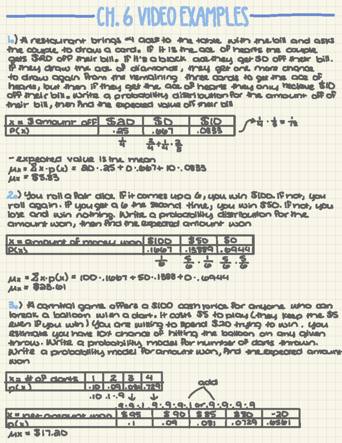 Statistics Ch. 6 Examples - CH . 6 VIDEO EXAMPLES lo) A restaurant ...