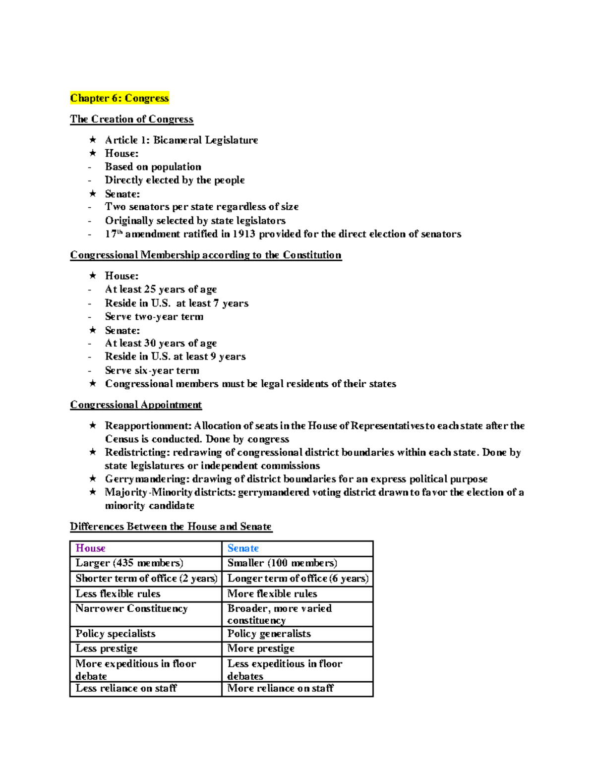 Gov notes - Chapter 6: Congress The Creation of Congress Article 1 ...