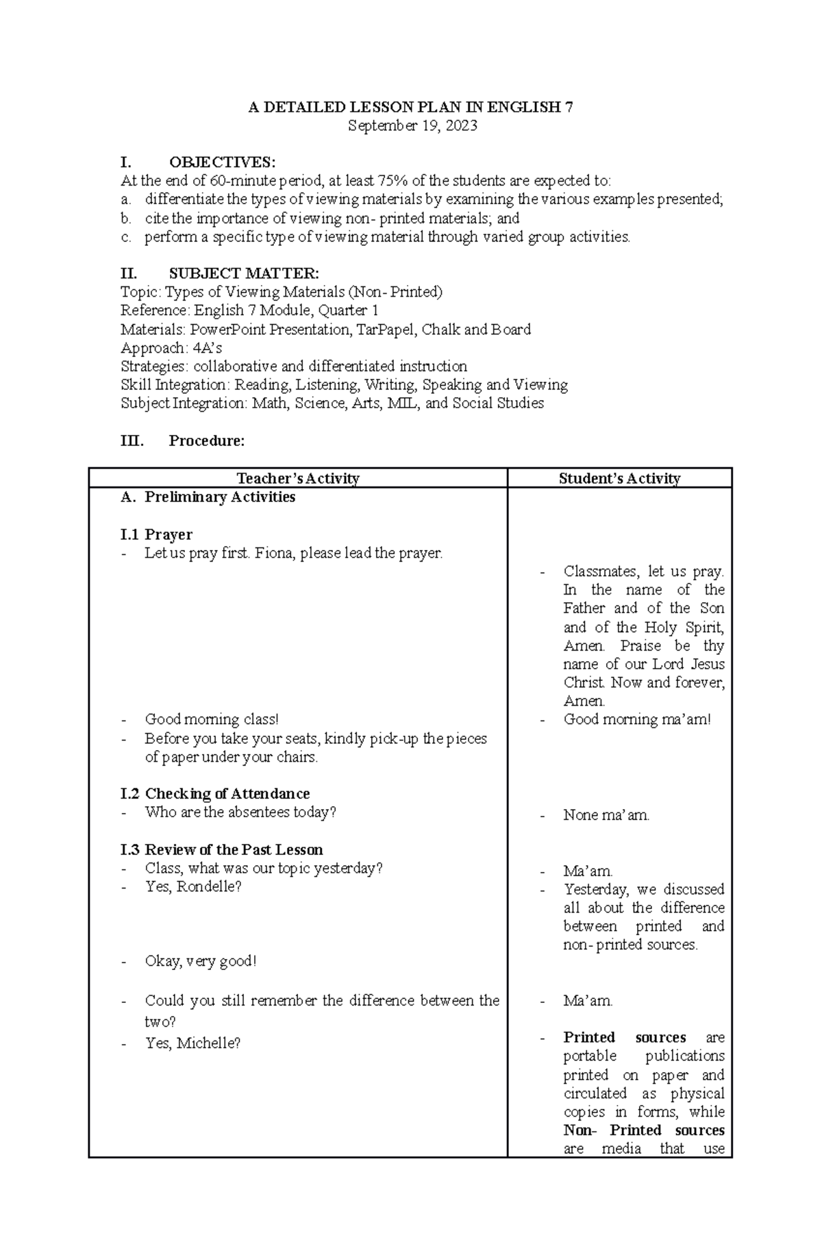 Detailed Lesson Plan - A DETAILED LESSON PLAN IN ENGLISH 7 September 19 ...