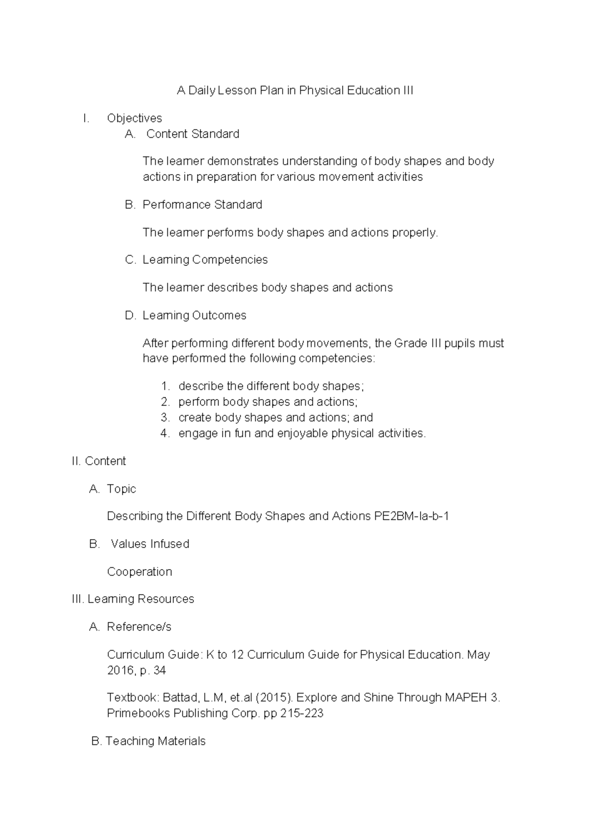 Mapeh 3Lesson Plan - A Daily Lesson Plan in Physical Education III I ...