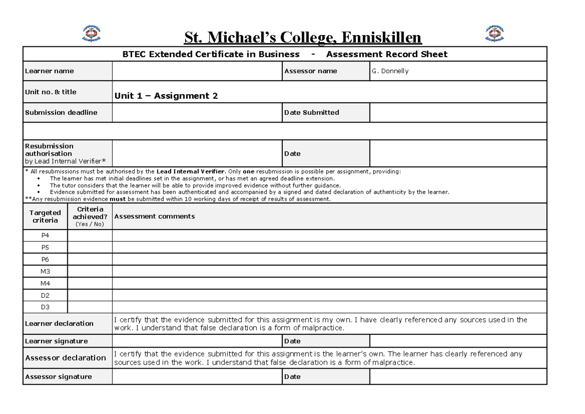 Assessment Record Sheet assignment 2 - St. Michael’s College ...
