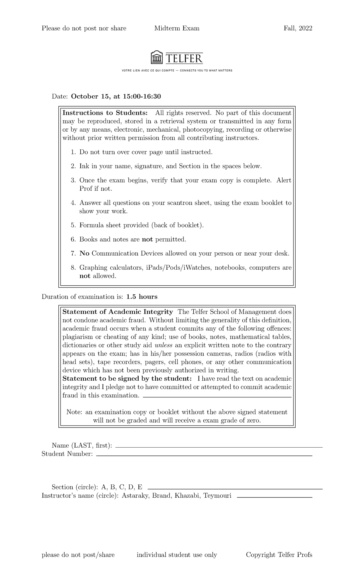 Midterm Practice - Please do not post nor share Midterm Exam Fall, 2022 ...