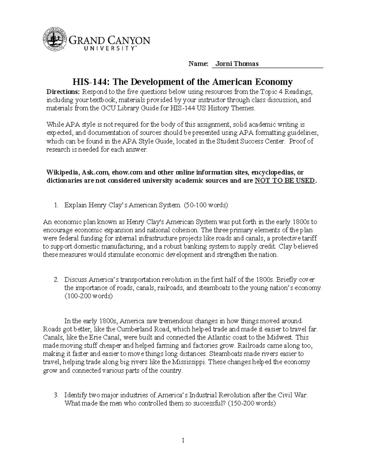 HIS-144-RS-Development of the American Economy Worksheet - Name: Jorni ...