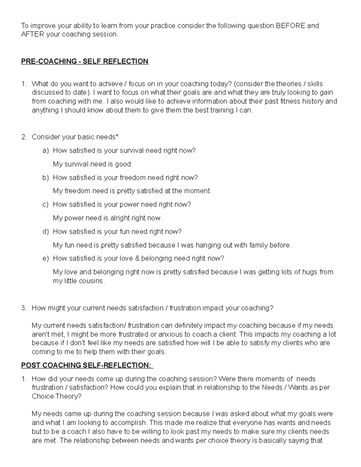 Pre Post Coaching Reflection - To improve your ability to learn from ...