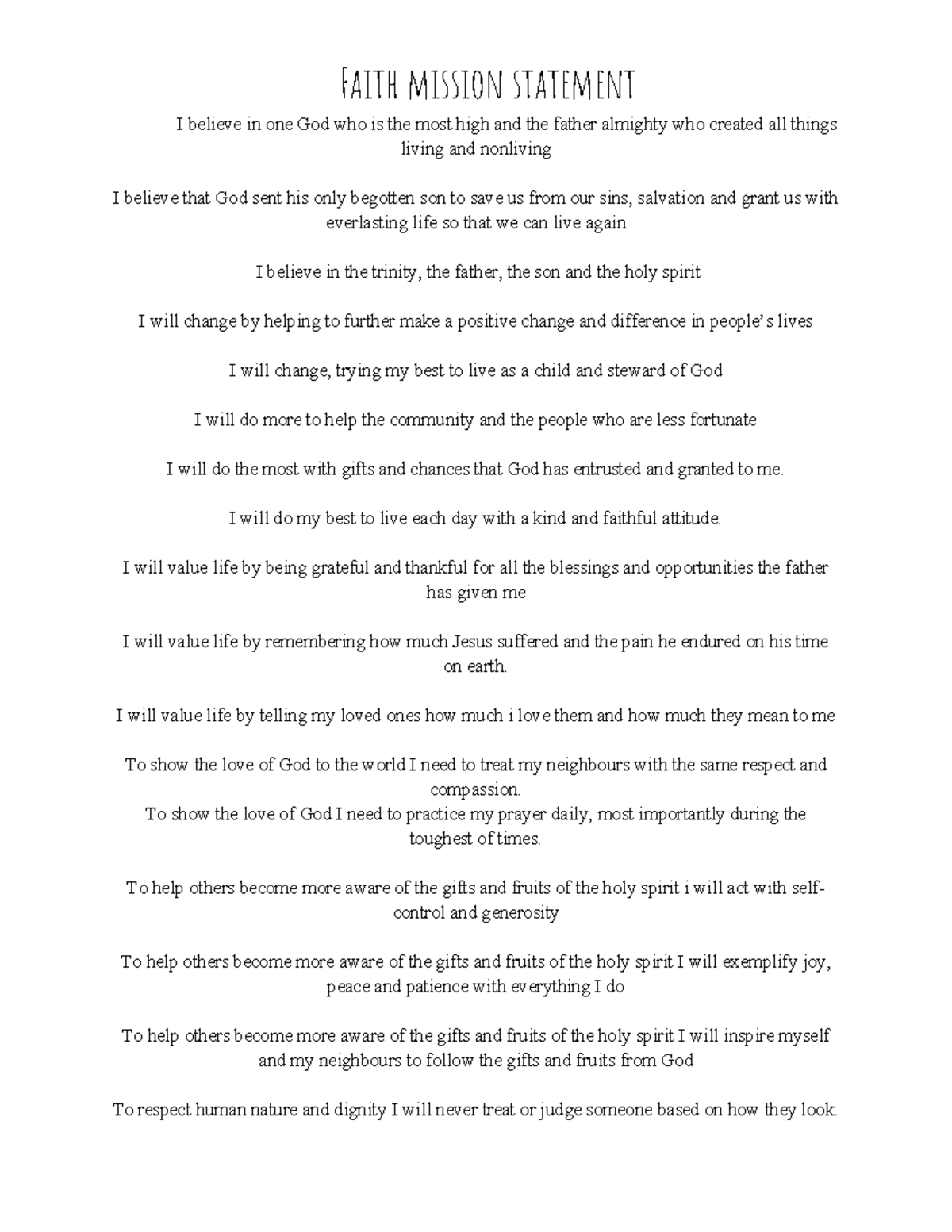 Faith+mission+statement+ - Faith mission statement I believe in one God ...