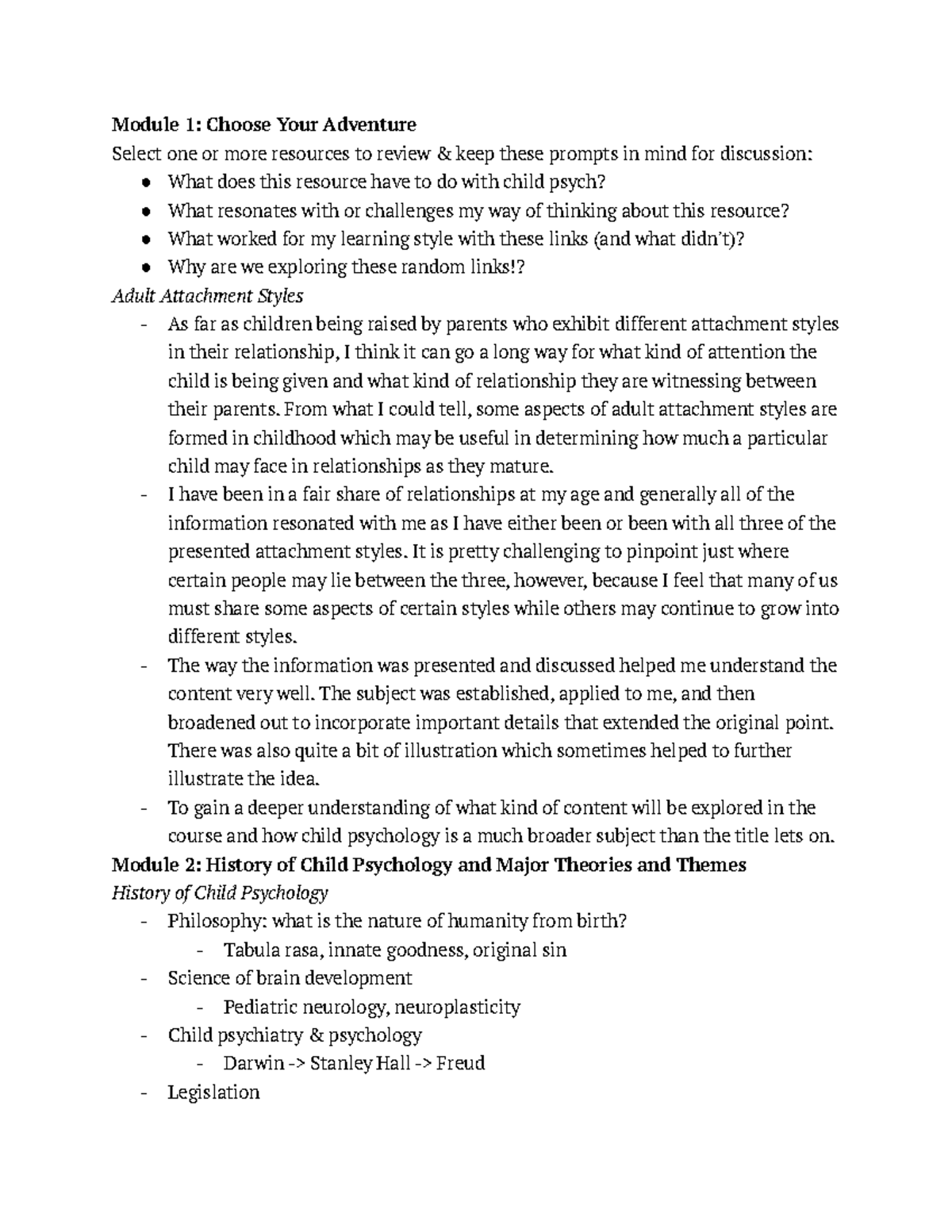 Child Psychology Notes - Module 1: Choose Your Adventure Select one or ...