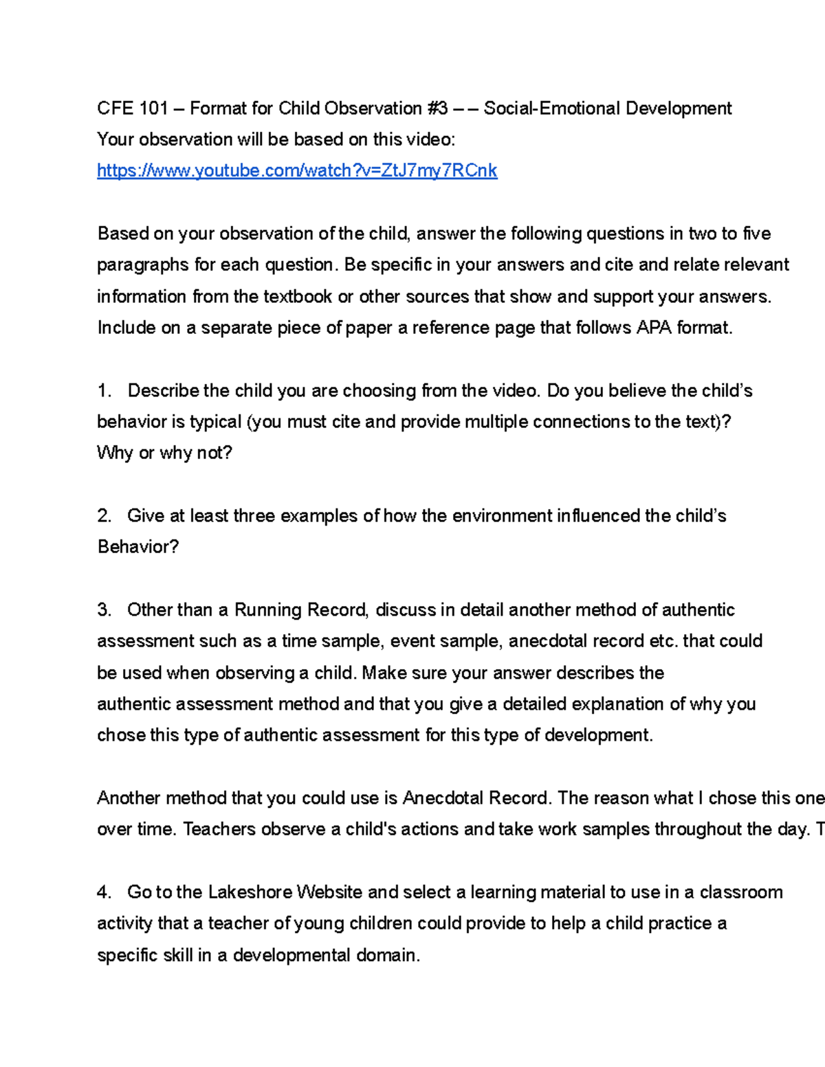 CFE 101 –Observation 3 - child development - CFE 101 – Format for Child ...