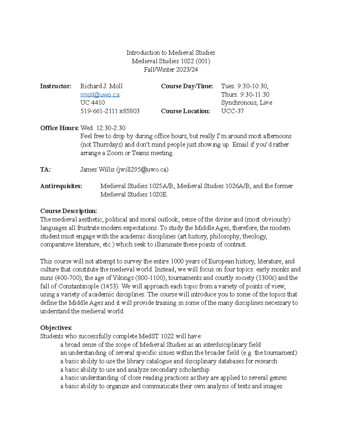 Syllabus Med St 1022 2023 - Introduction to Medieval Studies Medieval ...