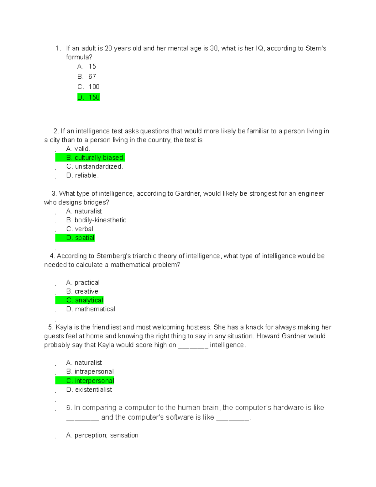Chapter 7 homework - Review Questions - 1. If an adult is 20 years old and her mental age is 30 ...