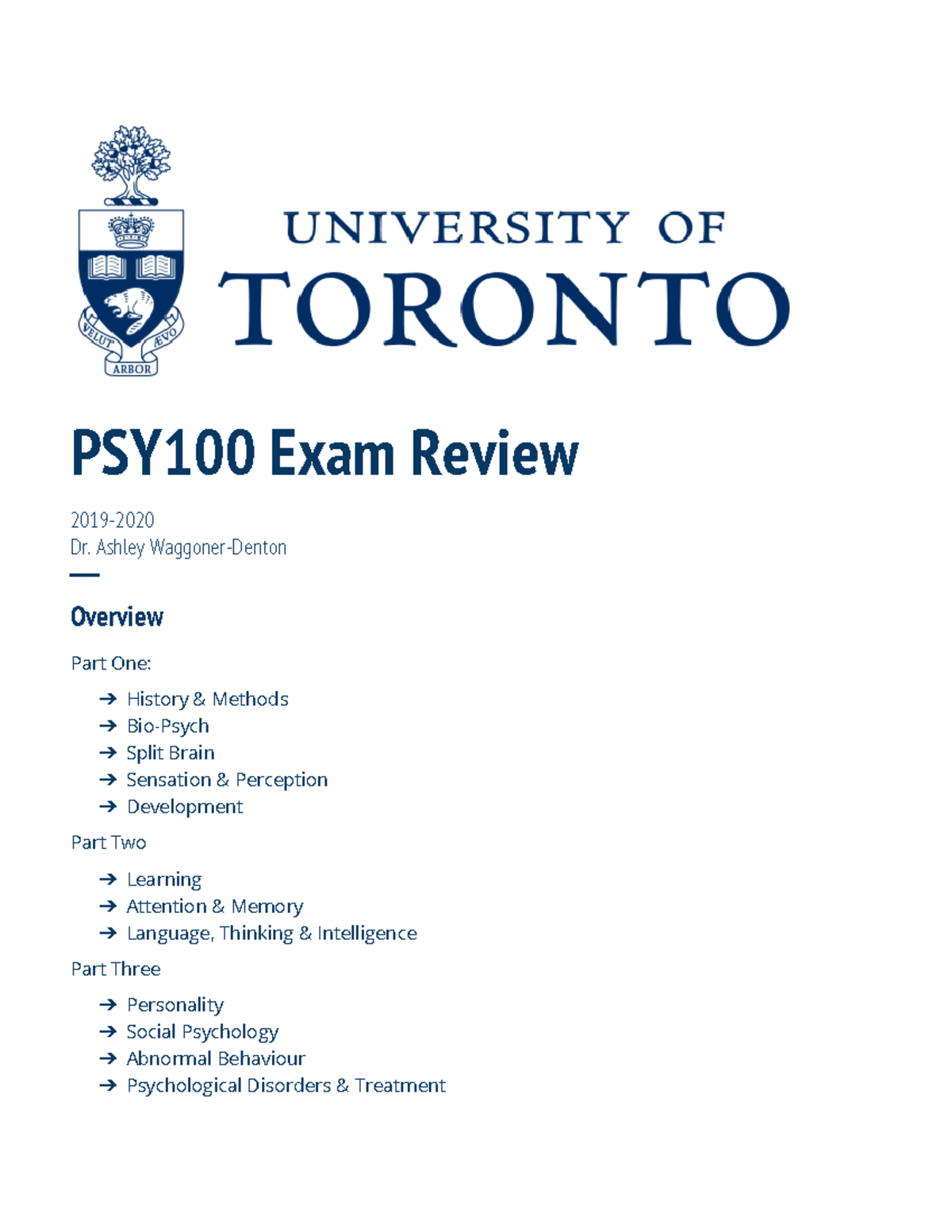 PSY100 Exam Review - Lecture notes All - PSY100 Exam Review 2019-2020 ...