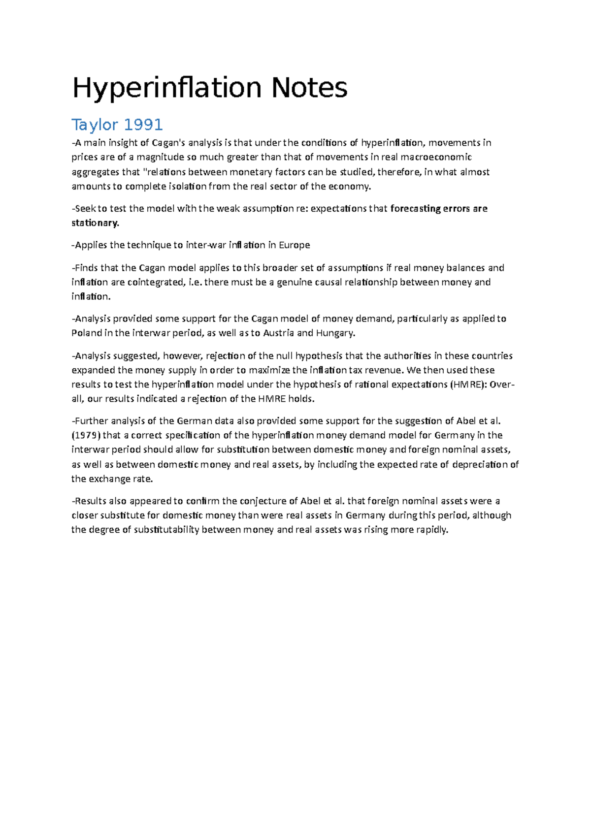 Summary of topic - hyperinflation - Hyperinlation Notes Taylor 1991 -A ...