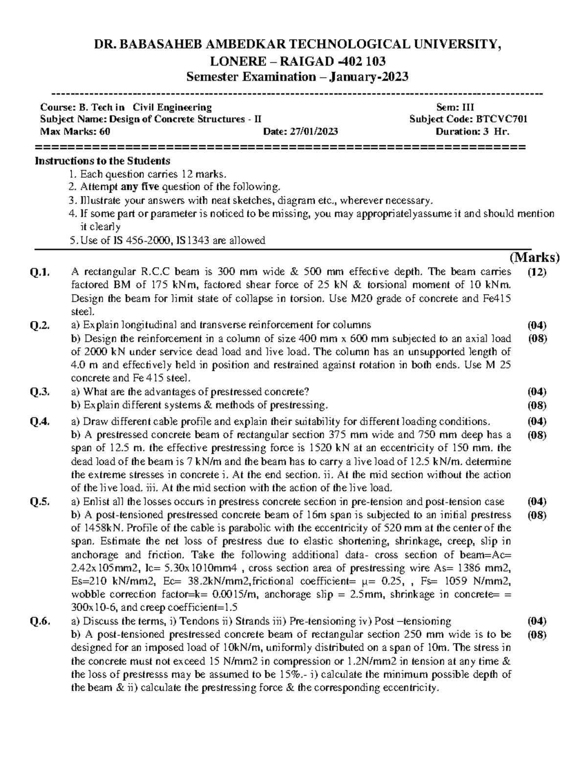Btcvc 701 Designof Concrete Structures IICivil Engg QP - DR. BABASAHEB ...