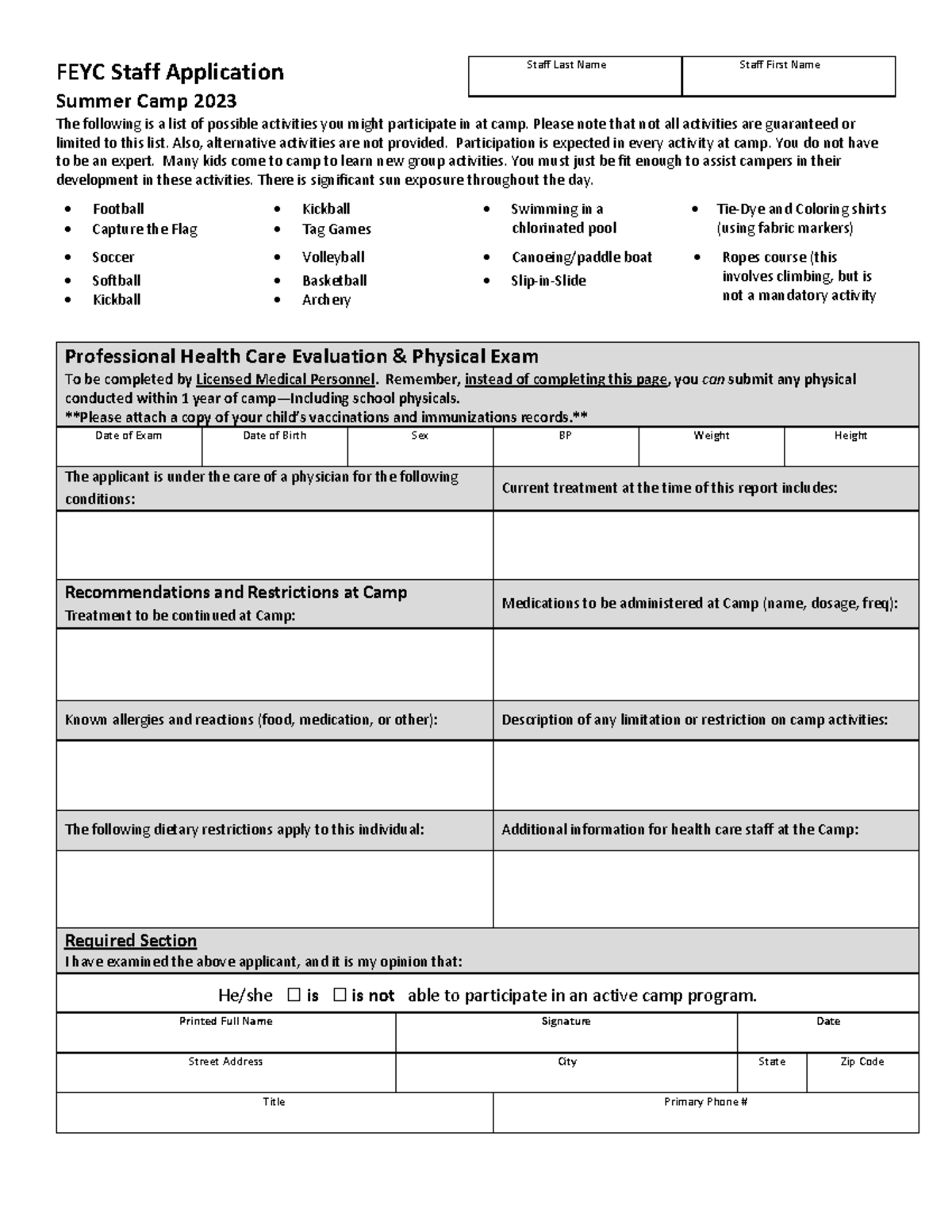 Staff Physical Form-2023 - FEYC Staff Application Summer Camp 20 23 The ...