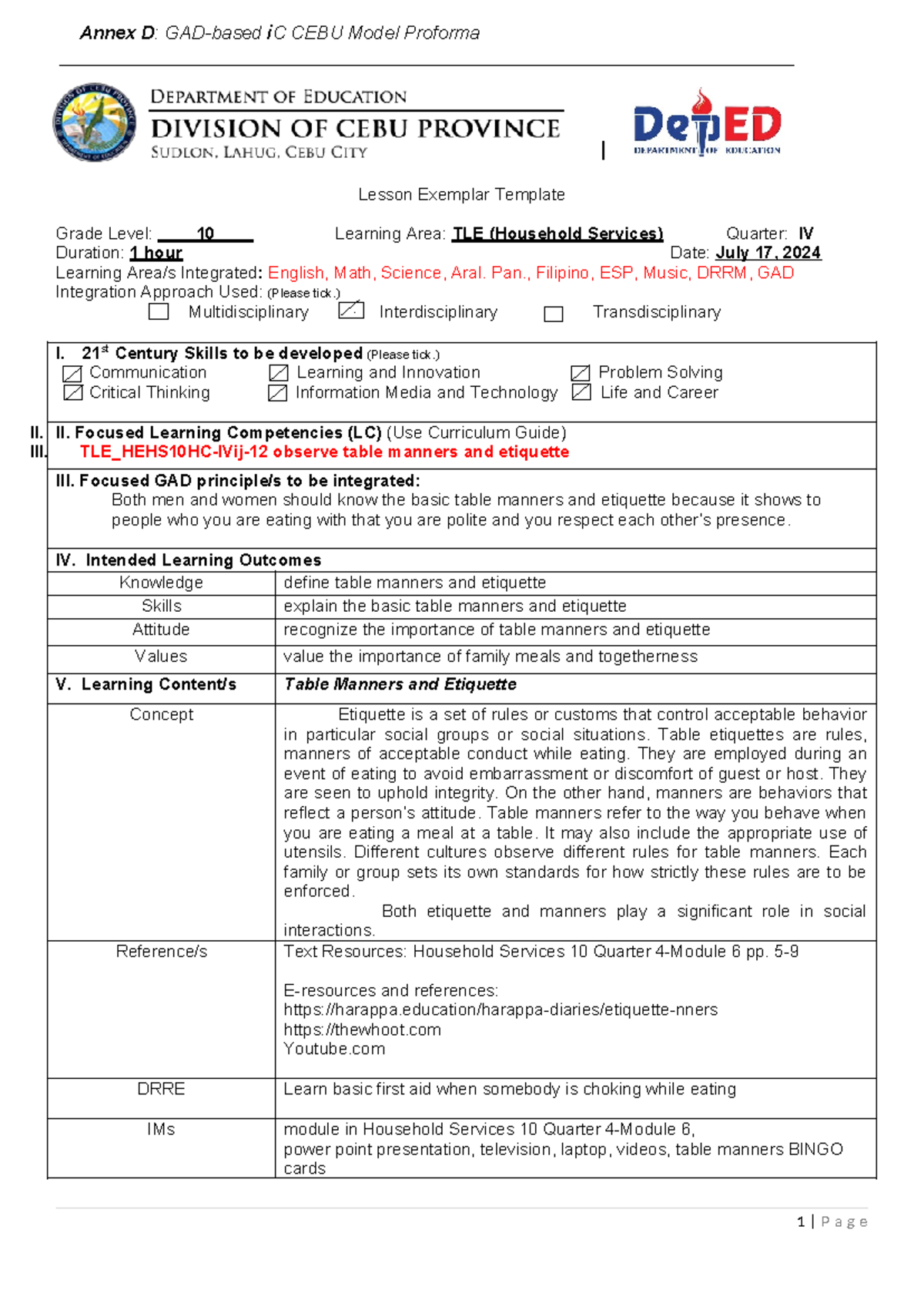 CO 4 DLP - Lesson plan - Lesson Exemplar Template Grade Level: 10 ...