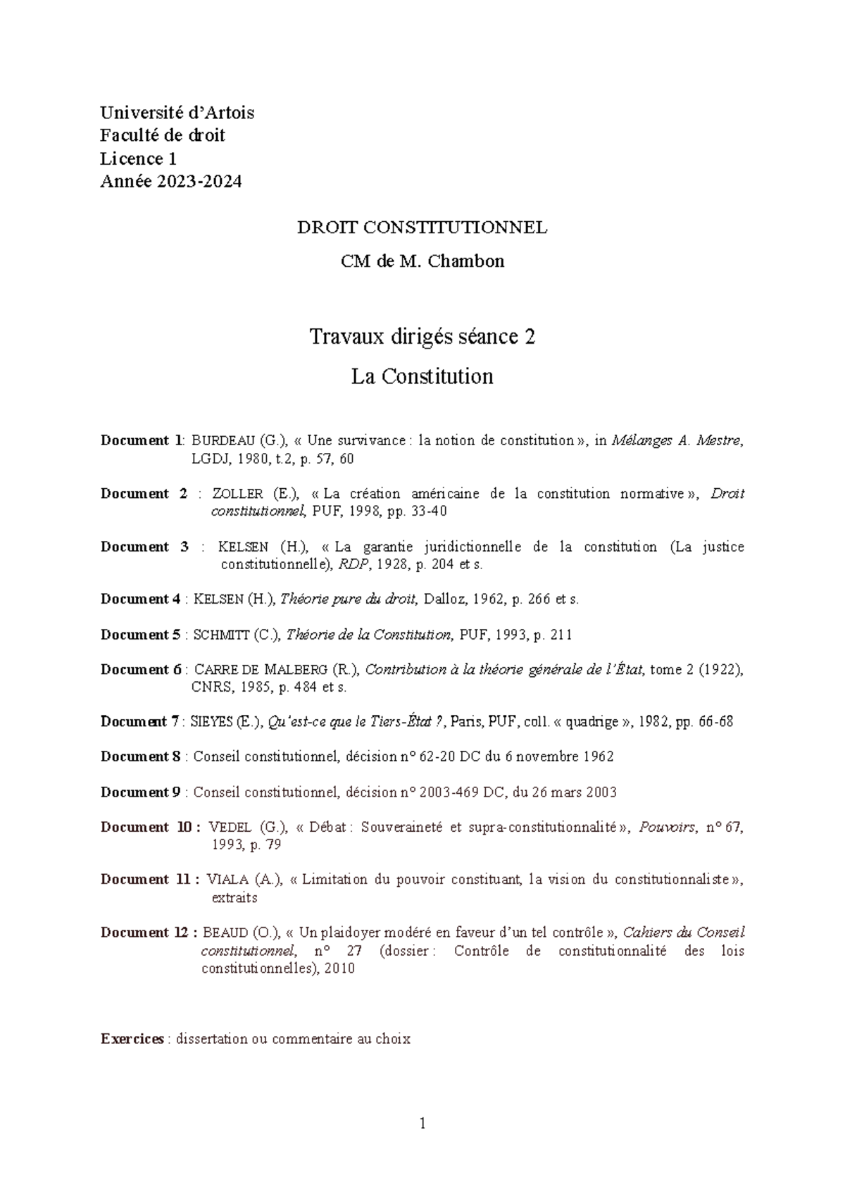 TD constit S2-1 - Droit - Université d’Artois Faculté de droit Licence 1 Année 20 23 - 2024 ...