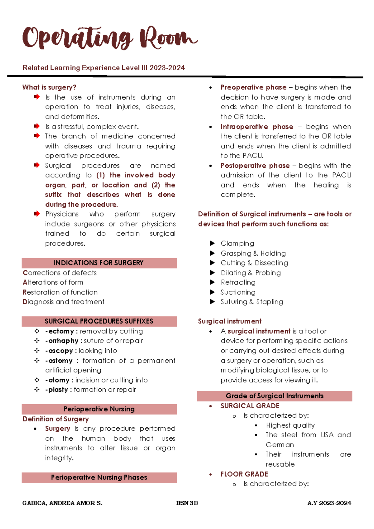 Operating Room Notes - Operating Room Related Learning Experience Level ...