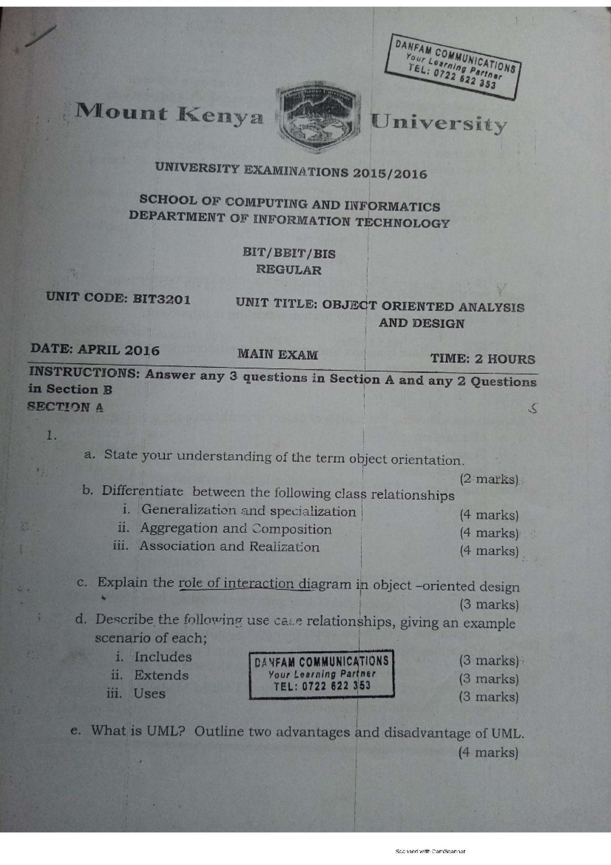 BIT 3201 Object Oriented Analysis AND Design PAST Papers - Research Proposal Writing Skills ...