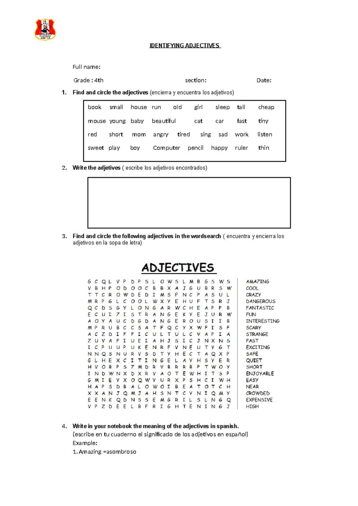 Adjectives Worksheet 4to - IDENTIFYING ADJECTIVES Full name: Grade ...