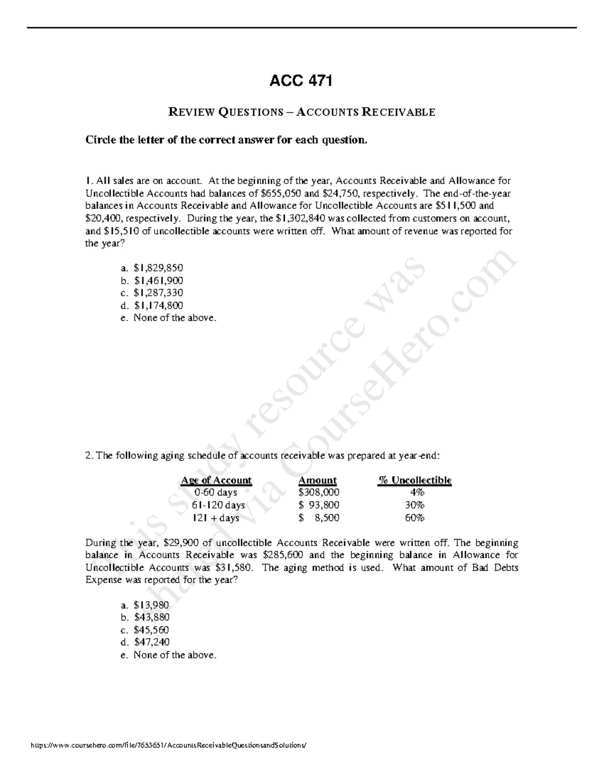 Accounts Receivable Exam - ACC 471 REVIEW QUESTIONS ACCOUNTS RECEIVABLE ...