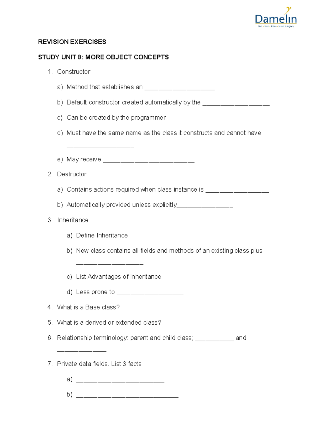 IIS Revision Exercises Study Unit 8 MORE Object Concepts - REVISION ... IIS Revision Exercises Study Unit 8 MORE Object Concepts - REVISION ...