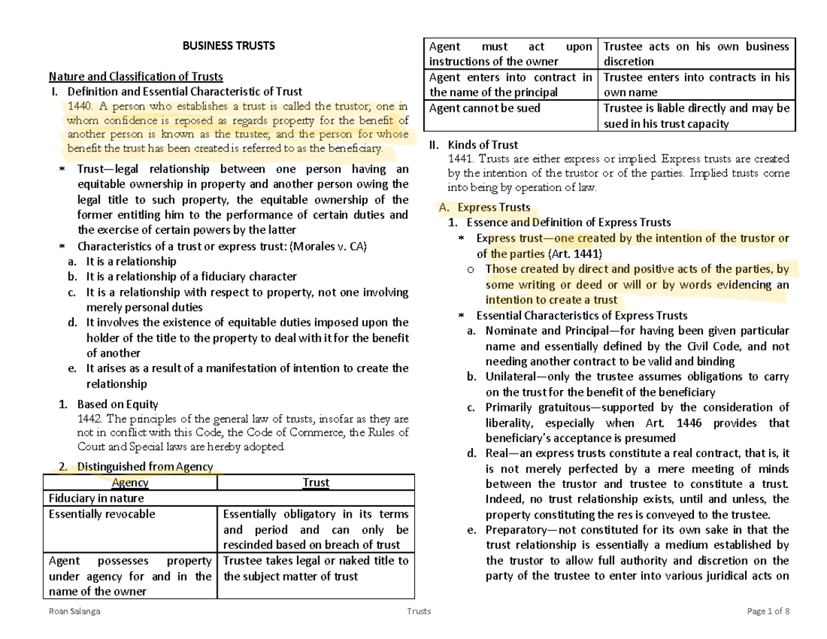 Trust - Law - BUSINESS TRUSTS Nature and Classification of Trusts I ...
