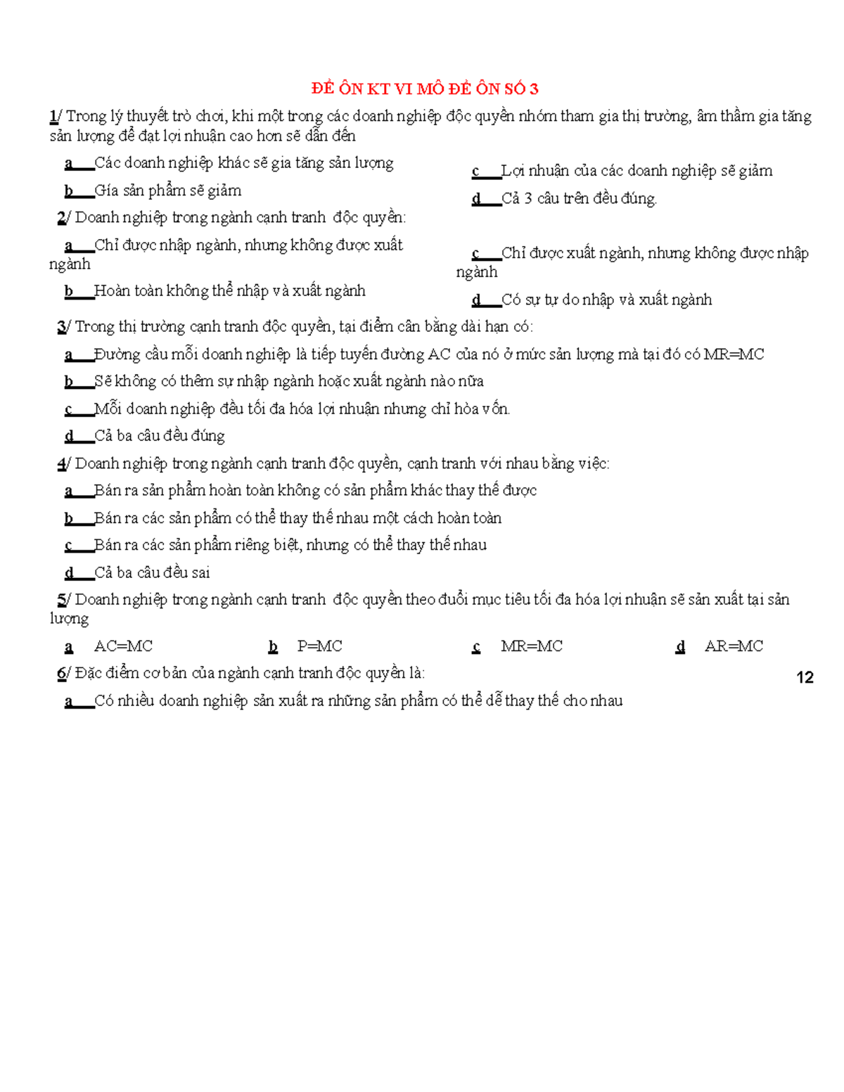 ĐỀ ÔN KT VI MÔ ĐỀ SỐ 3 - ĐỀ ÔN KT VI MÔ ĐỀ SỐ 3 (có đáp án cuối đề) - ĐỀ ÔN KT VI MÔ ĐỀ ÔN SỐ 3 ...