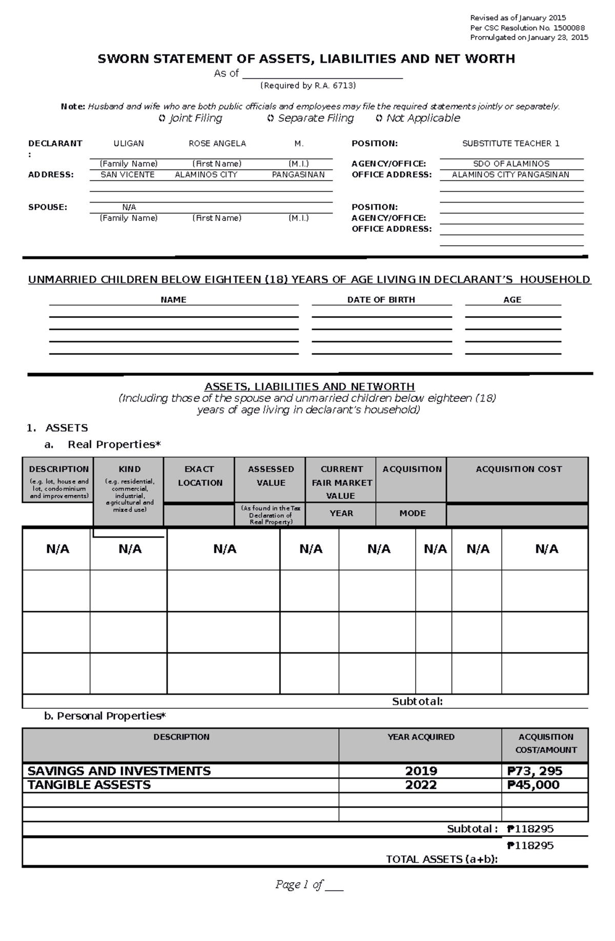 2015 SALN Form - Lesson - Revised as of January 2015 Per CSC Resolution No. 1500088 Promulgated ...